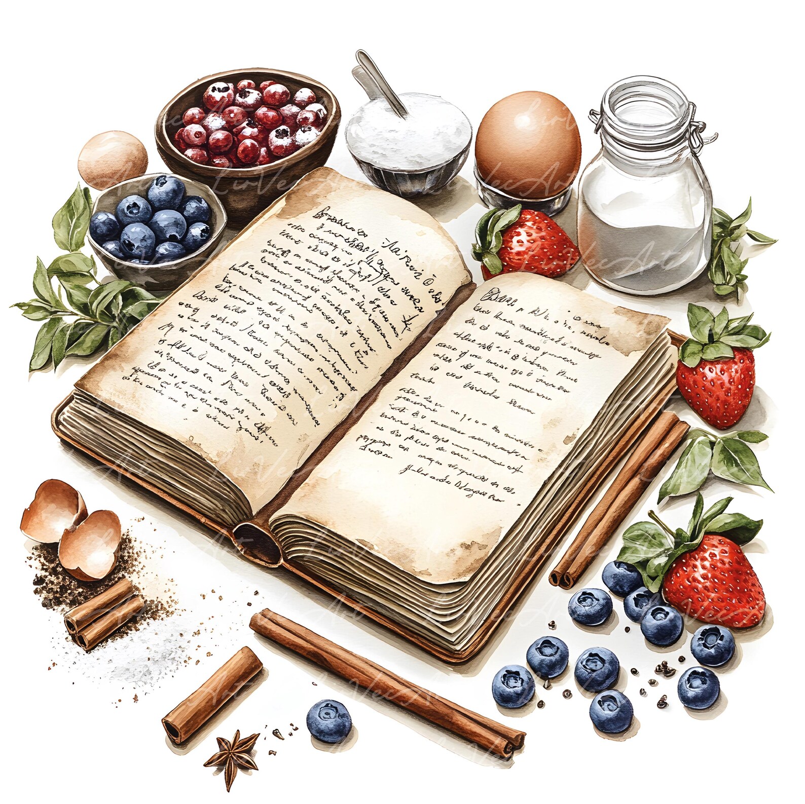 Vintage Watercolor Cookbook Clipart – Rustic Recipe Book Illustrations ...