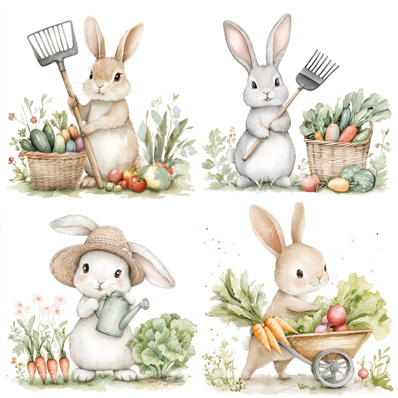 18 Watercolor Gardening Bunnies Clipart - Adorable Spring Rabbits for ...