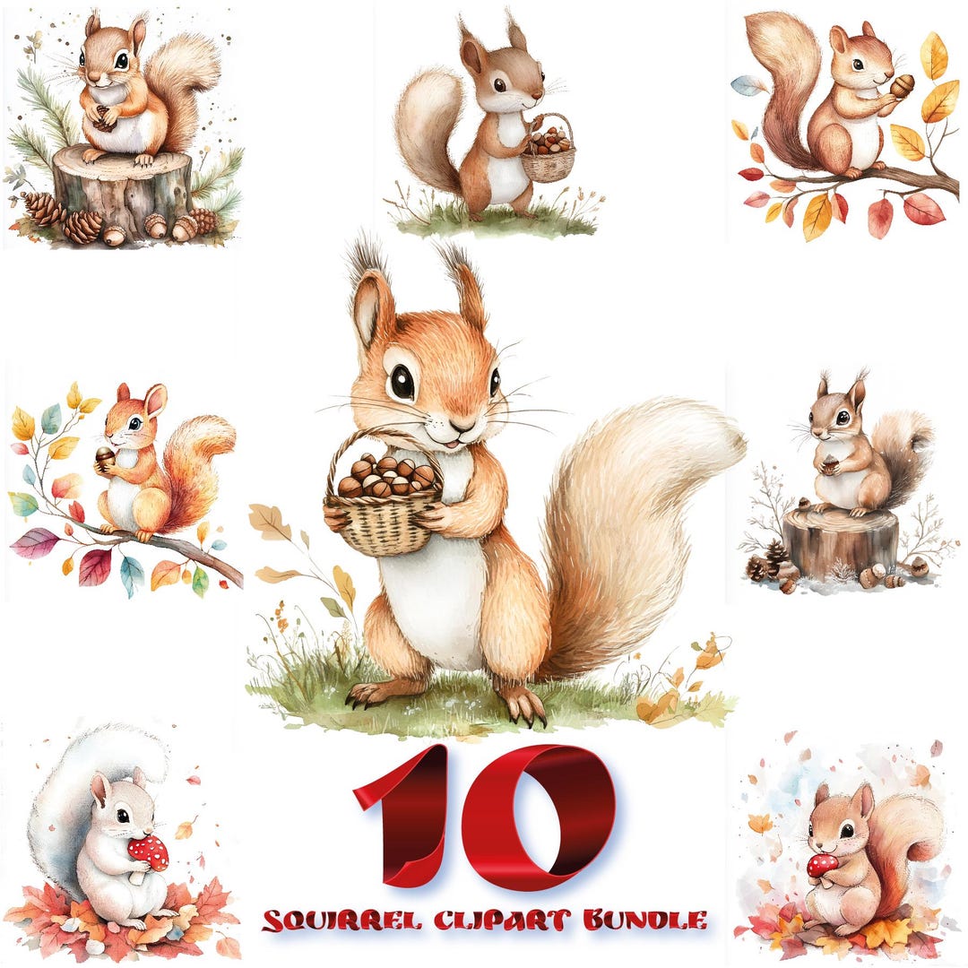10 Squirrel Clipart Bundle - Cute Watercolor Squirrels, Paper Craft ...
