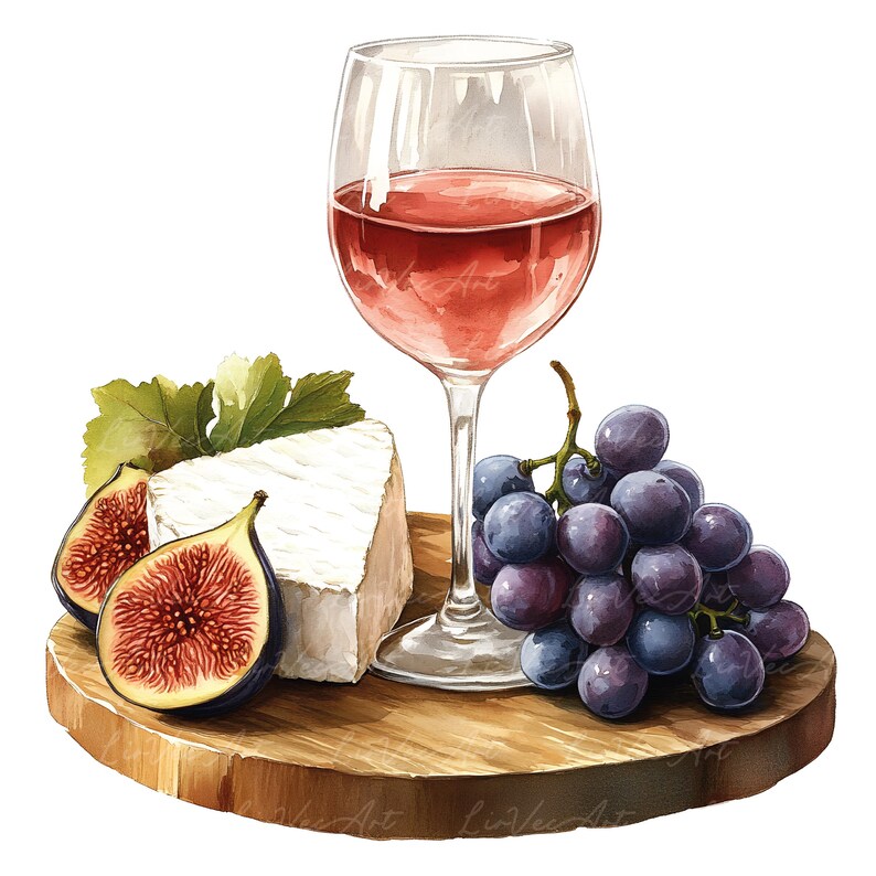 Watercolor Wine and Snack Clipart, Red & White Wine Glasses With Cheese ...