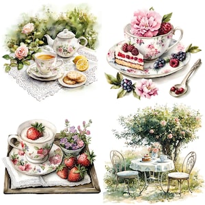 Shabby Chic Tea Clipart Set, 26 Watercolor Illustrations of Vintage Tea ...