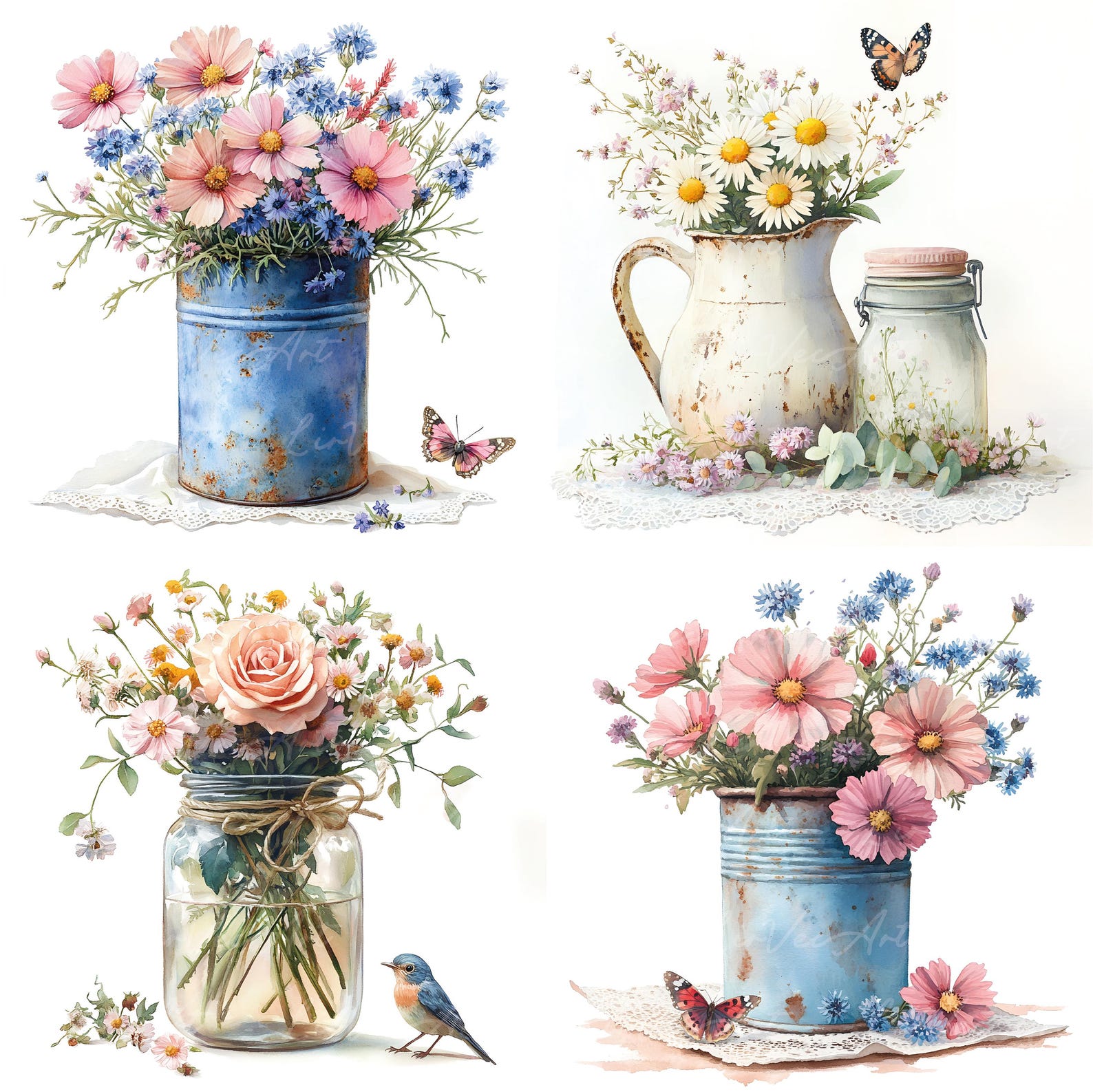 Shabby Chic Flower Bouquet Clipart – 25 Rustic Watercolor Floral ...