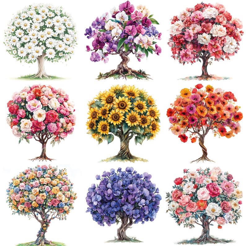 28 Fantasy Flower Tree Cliparts, Watercolor Blooming Trees With Roses ...