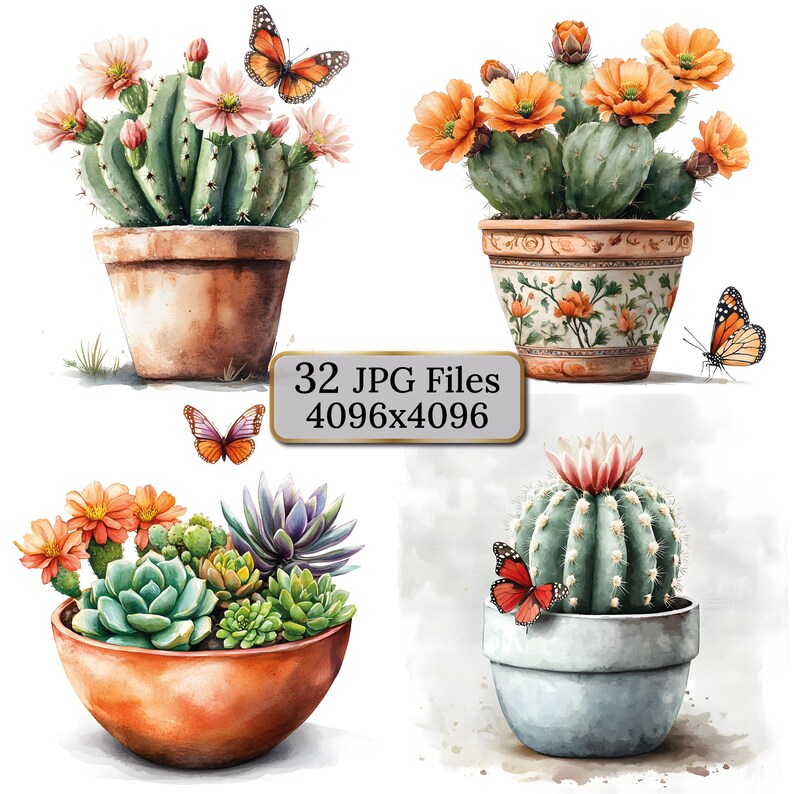 Watercolor Potted Cactus Clipart – 32 Cacti With Butterflies & Flowers ...