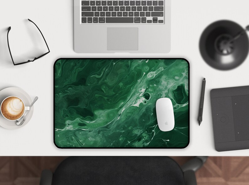 Elegant Marble Desk Mat, Emerald Green Aesthetic Swirly Keyboard Mat ...