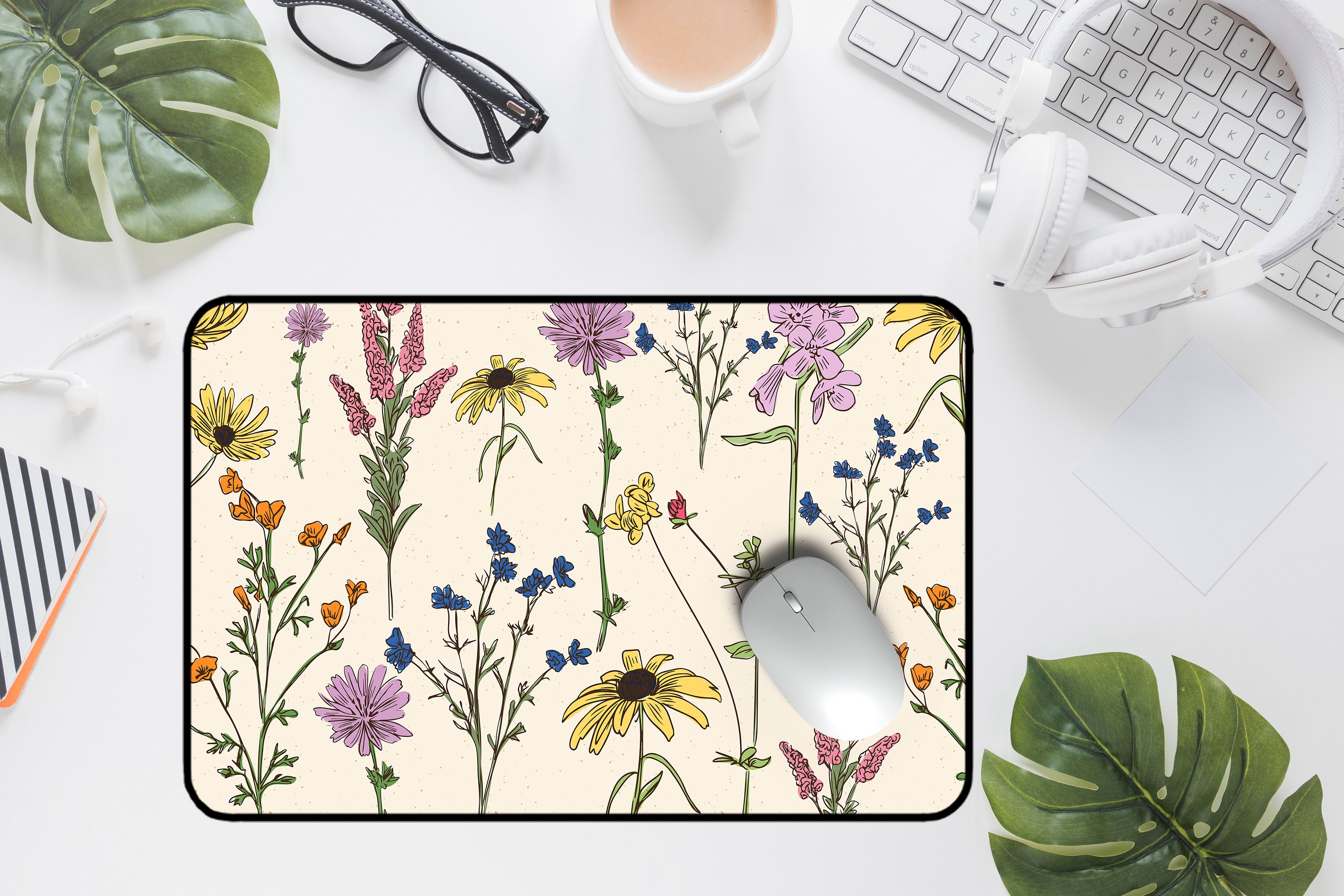 Floral Desk Mat Wildflower, Aesthetic Botanical Mouse Pad, Butterfly ...