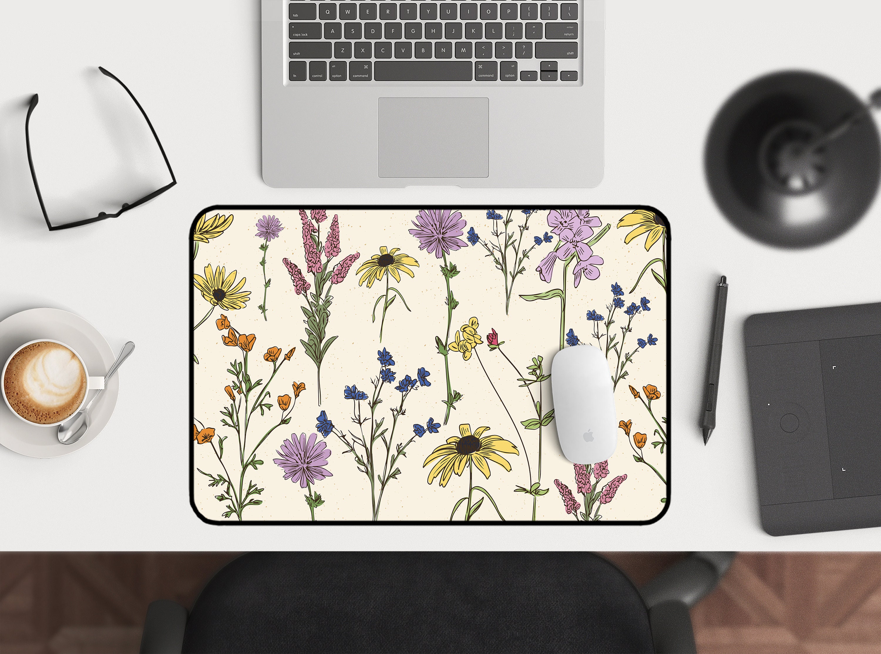 Floral Desk Mat Wildflower, Aesthetic Botanical Mouse Pad, Butterfly ...