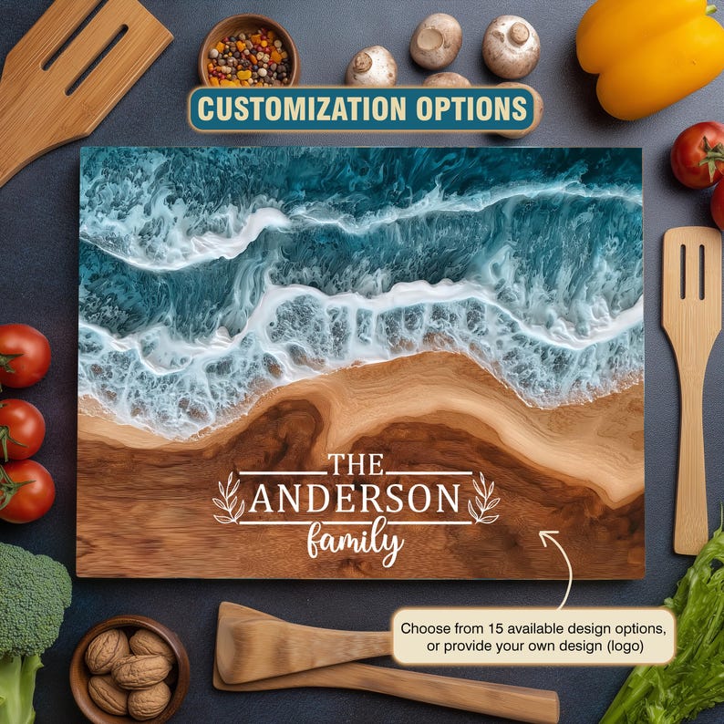 Ocean Wave Glass Cutting Board Wood Print Personalized Anniversary ...