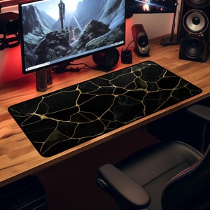 Elegant Marble Desk Mat Dark, Gold Kintsugi Texture XXL Gaming Mouse ...