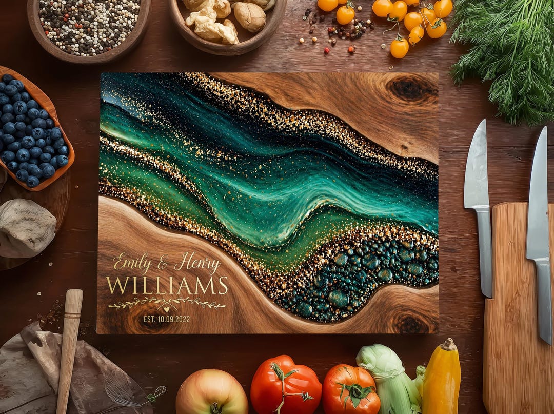 Personalized Teal Resin River Wood Tempered Glass Cutting Board, Ocean ...