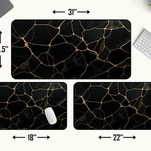 Elegant Marble Desk Mat Dark, Gold Kintsugi Texture XXL Gaming Mouse ...