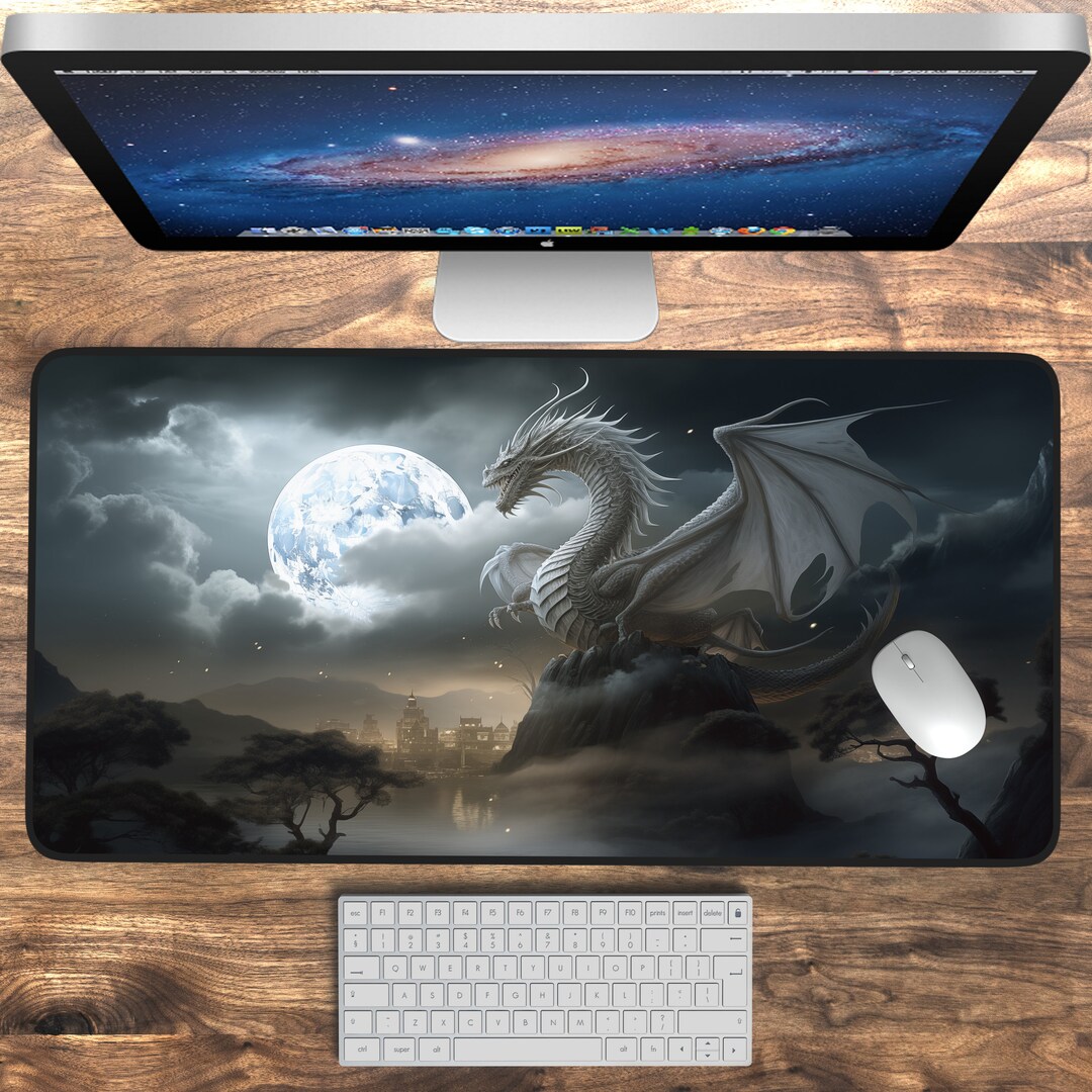 White Dragon Desk Mat, Large Gaming Mouse Pad, Moon Draco XL Mousepad ...