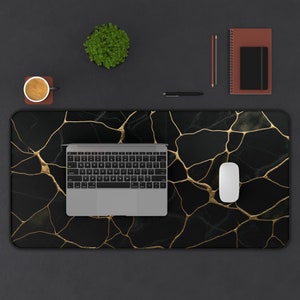 Elegant Marble Desk Mat Dark, Gold Kintsugi Texture XXL Gaming Mouse ...