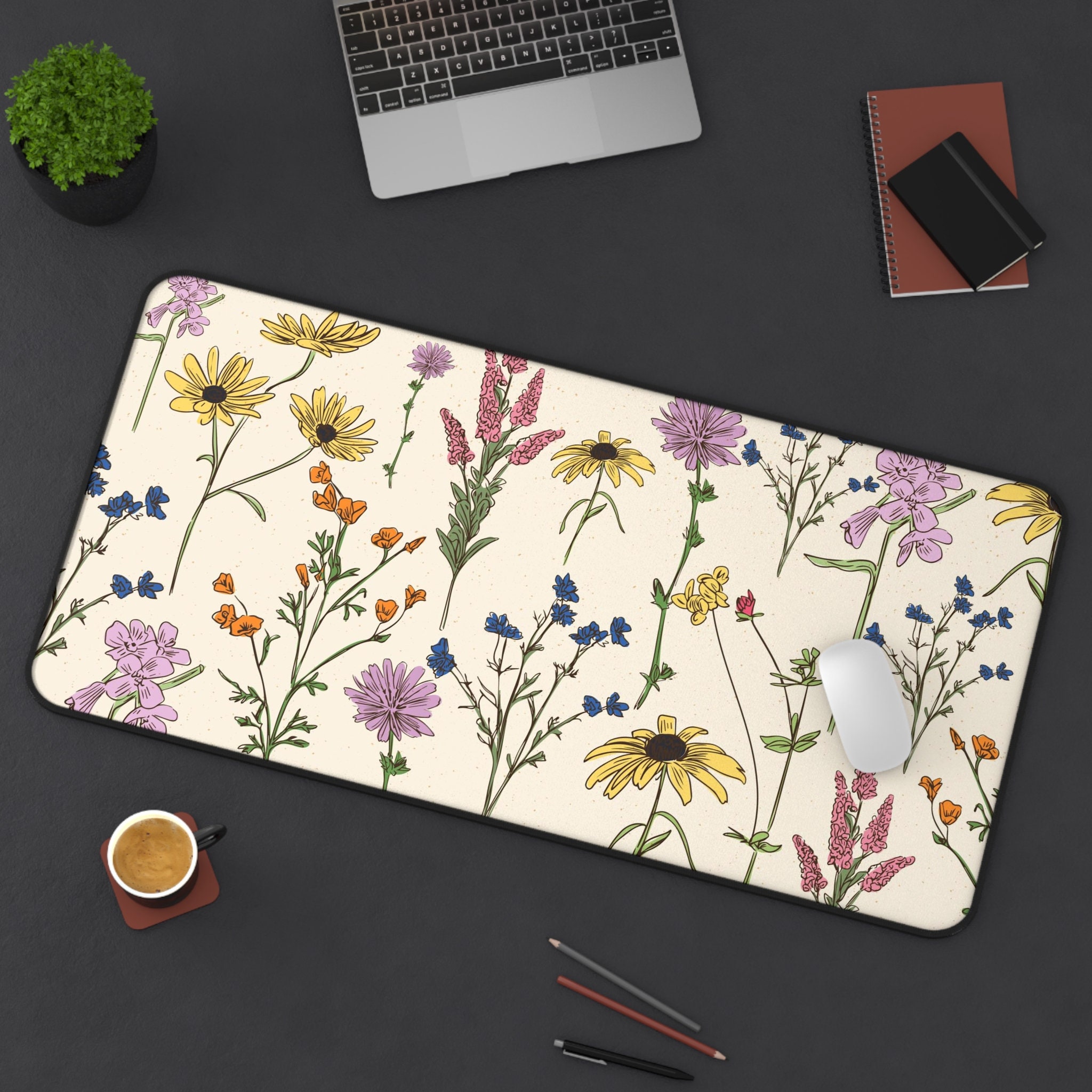 Floral Desk Mat Wildflower, Aesthetic Botanical Mouse Pad, Butterfly ...