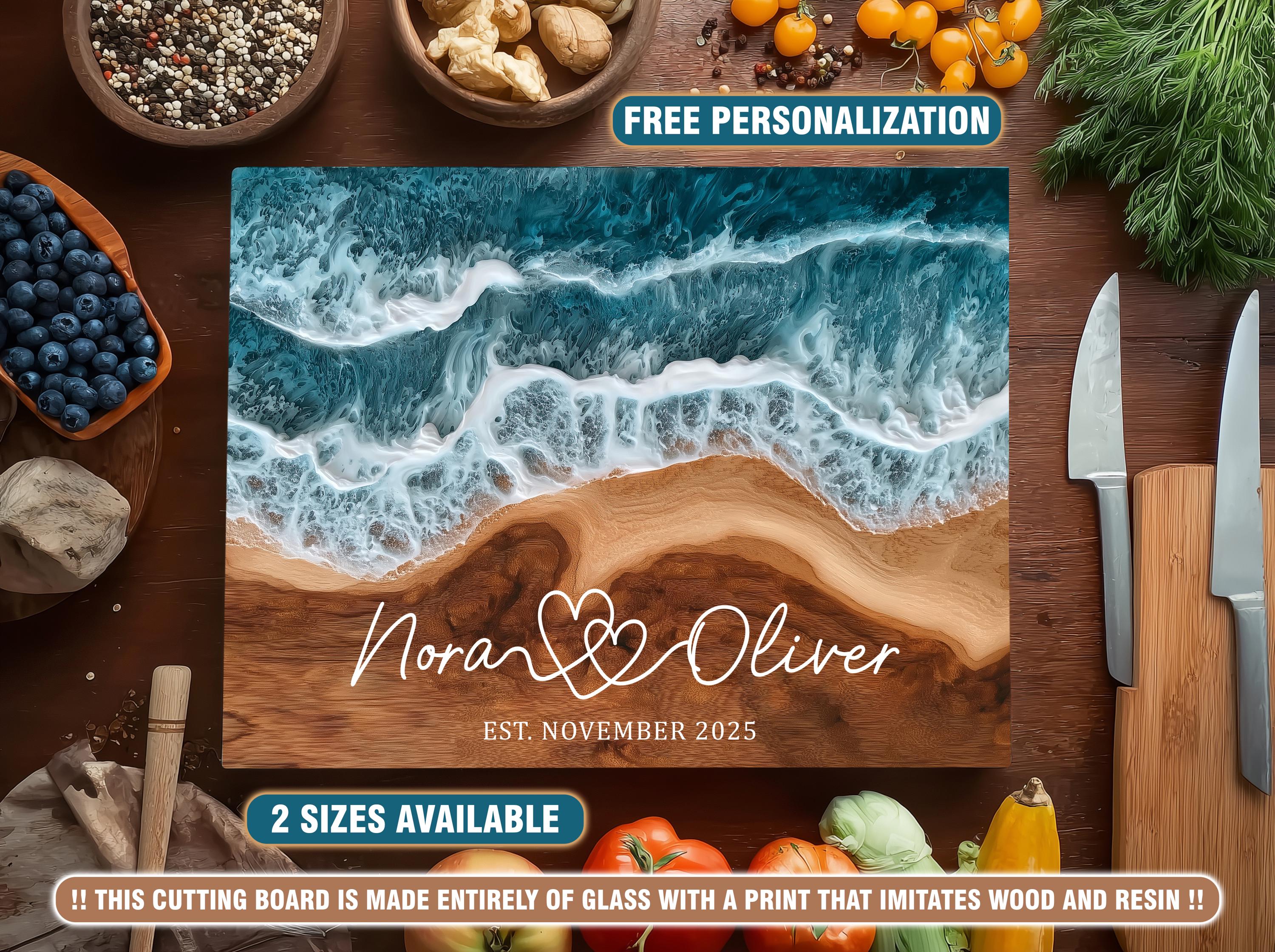 Ocean Wave Glass Cutting Board Wood Print Personalized Anniversary ...