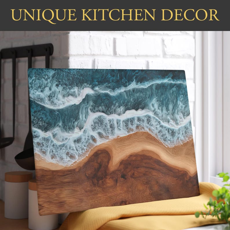 Ocean Wave Glass Cutting Board Wood Print Personalized Anniversary ...