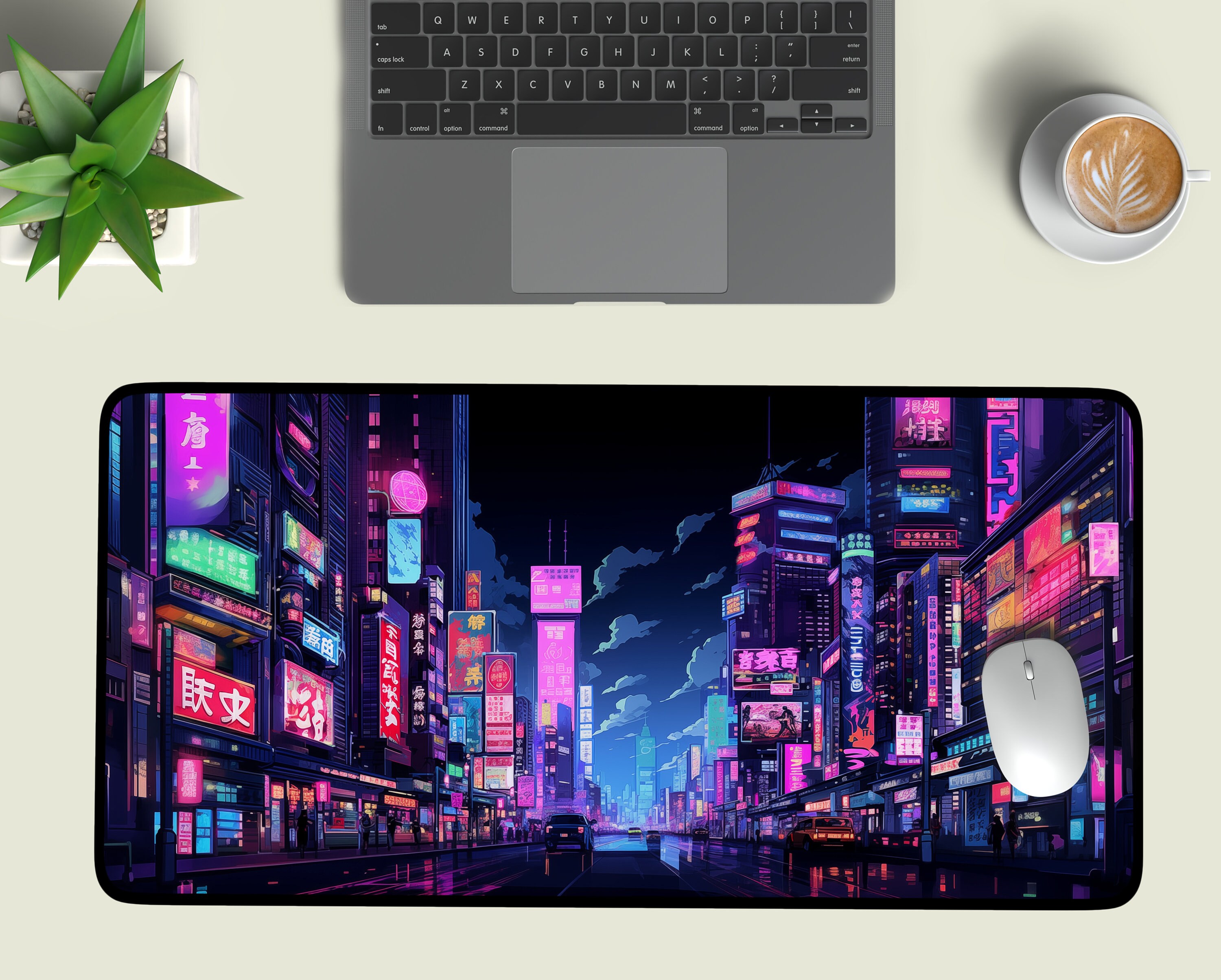 Neon Tokyo Desk Mat, Retro Street Pixel Art Purple, Morning Scene Anime ...