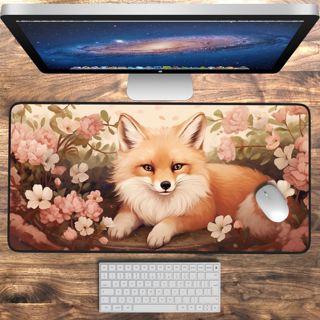 Cute Fox Desk Mat, Aesthetic Floral Large Mousepad Cottagecore Vintage ...