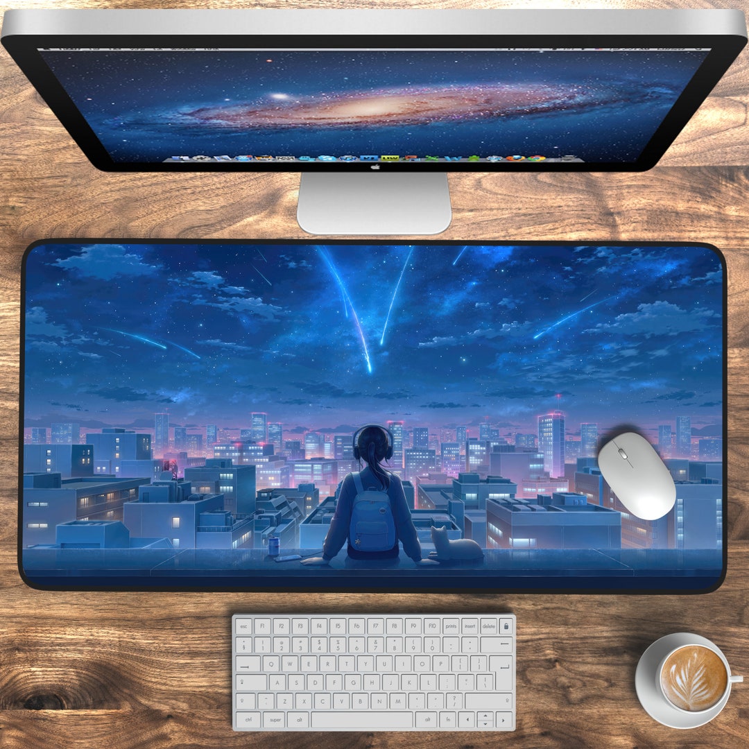 Desk Mat Anime Girl Alone Cat Night Sky Stars City, Japanese Desk Mat ...