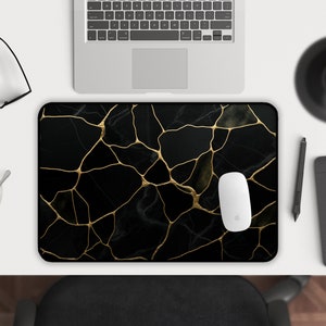 Elegant Marble Desk Mat Dark, Gold Kintsugi Texture XXL Gaming Mouse ...
