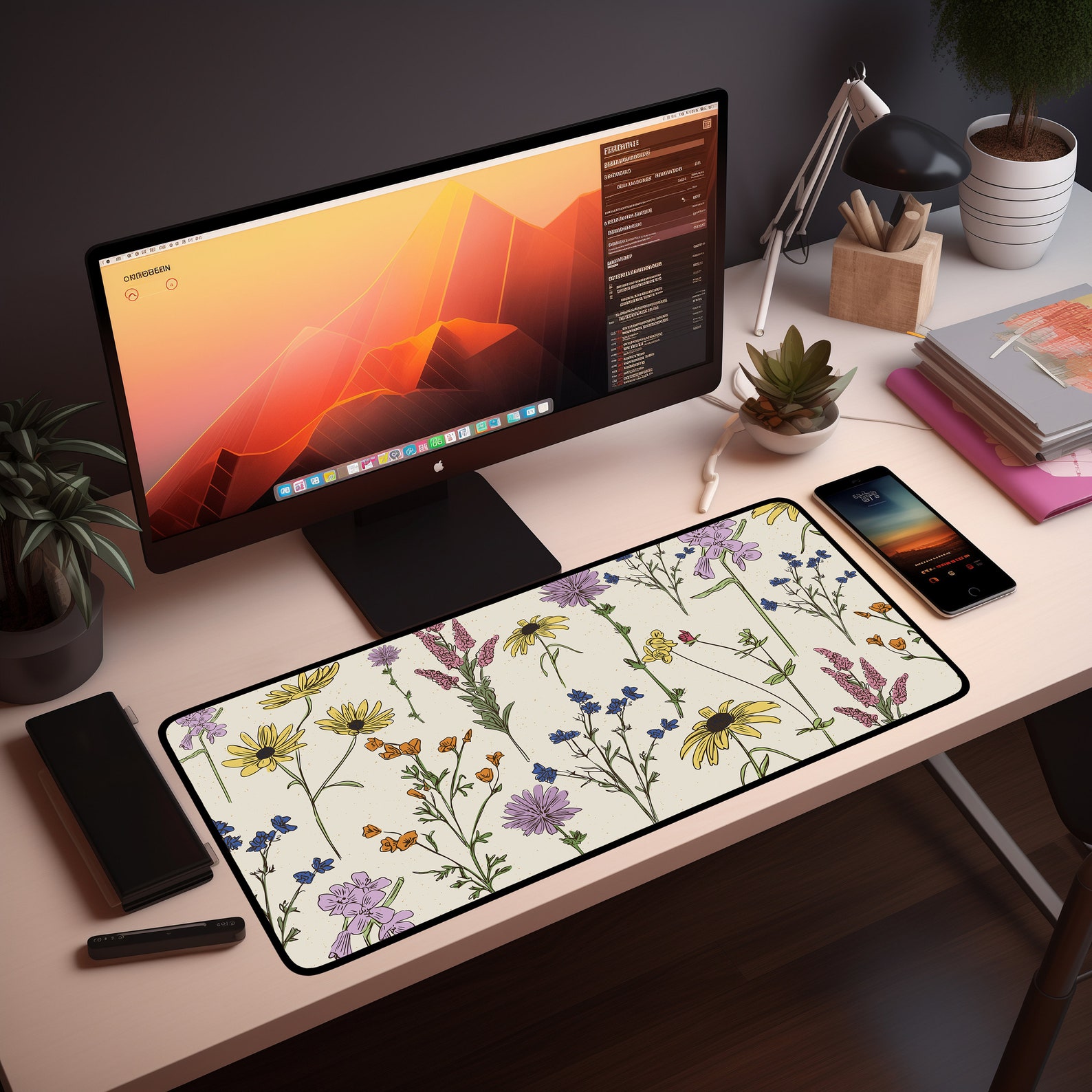 Floral Desk Mat Wildflower, Aesthetic Botanical Mouse Pad, Butterfly ...