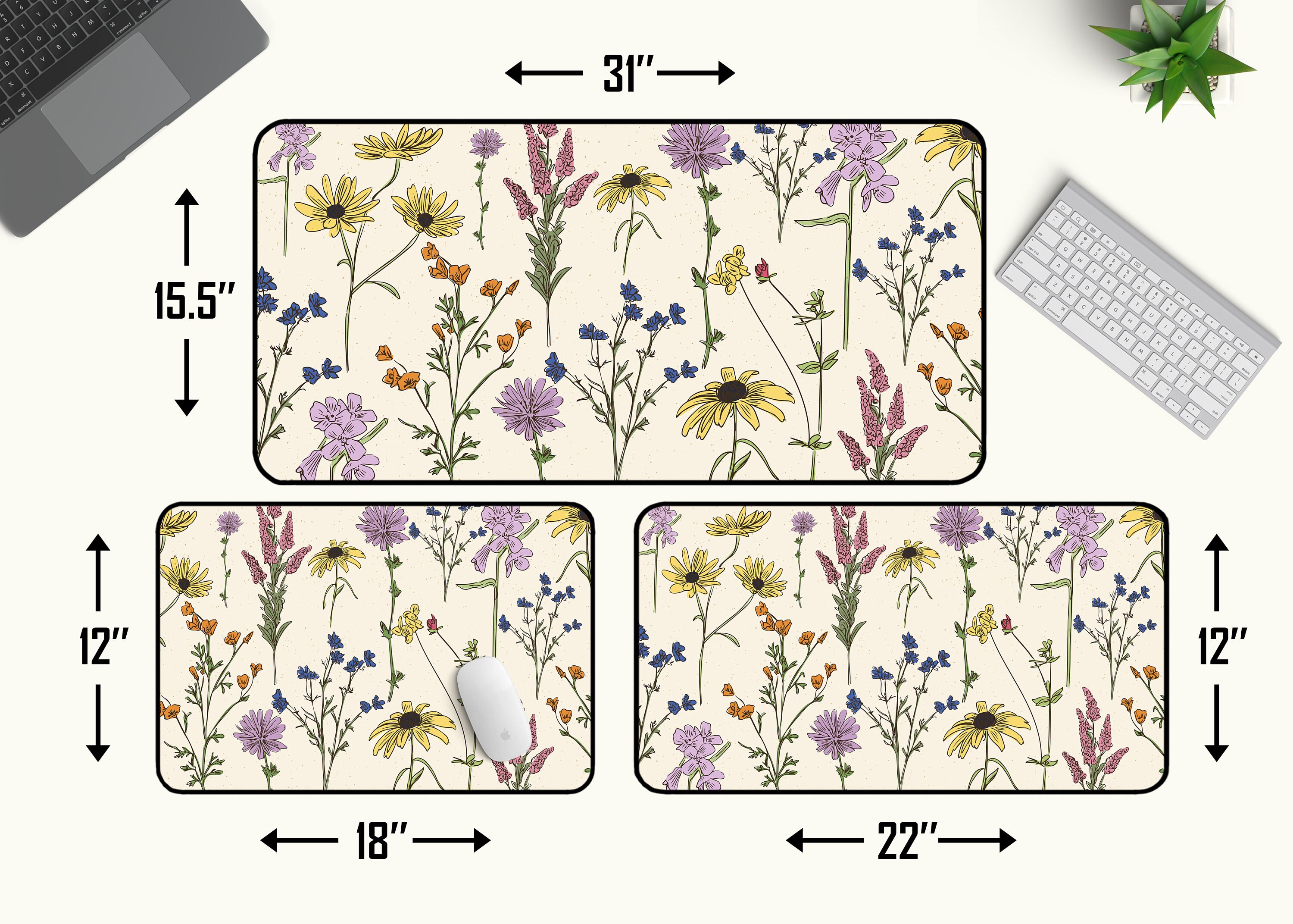 Floral Desk Mat Wildflower, Aesthetic Botanical Mouse Pad, Butterfly ...