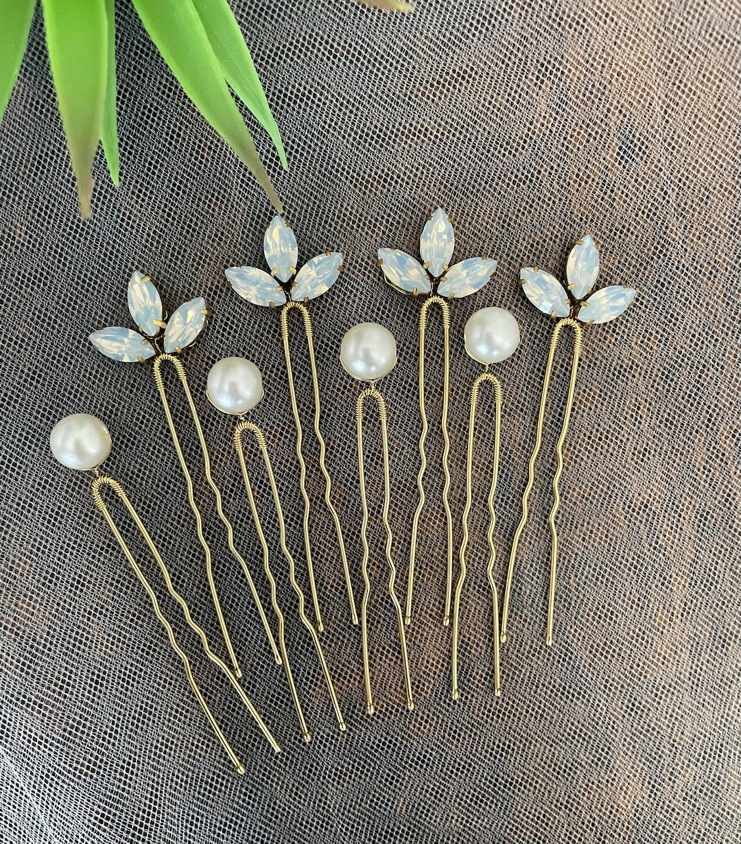 Opal Crystal and Pearl Wedding Hair Pins, Bridal Hair Pins, Pearl Hair ...