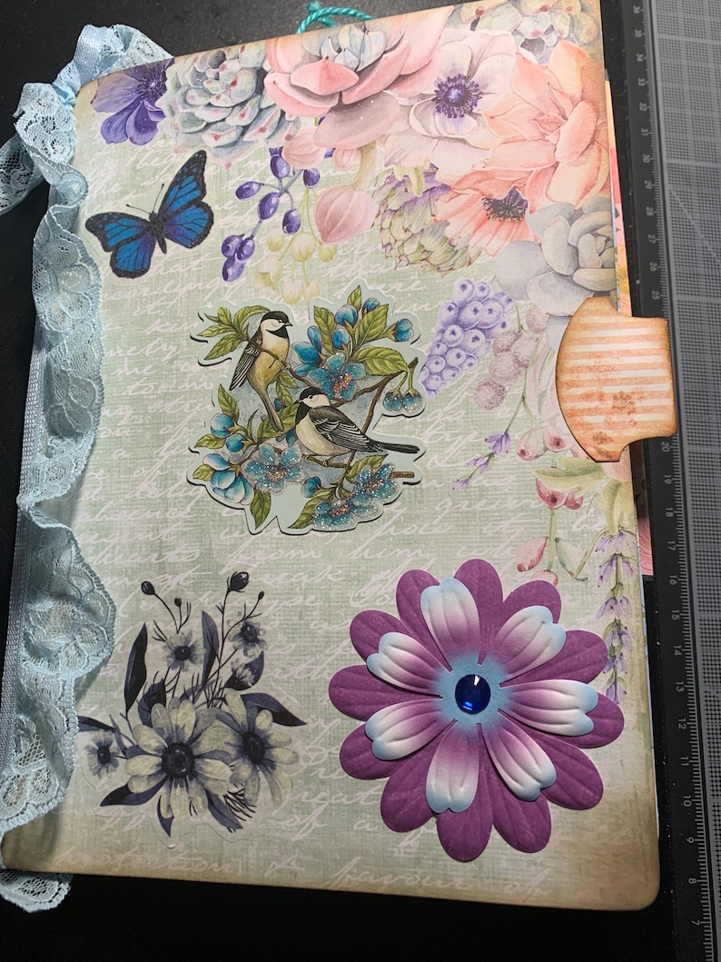 Blue Floral Vintage Theme JUNK JOURNAL With Lace, Tags, Cards and Bling ...