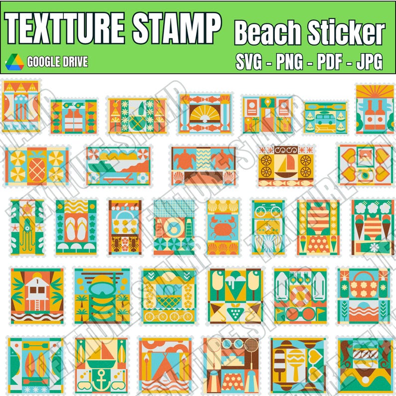 Vintage Beach Stamp Clipart | Summer Postage Sticker Pack | Tropical ...