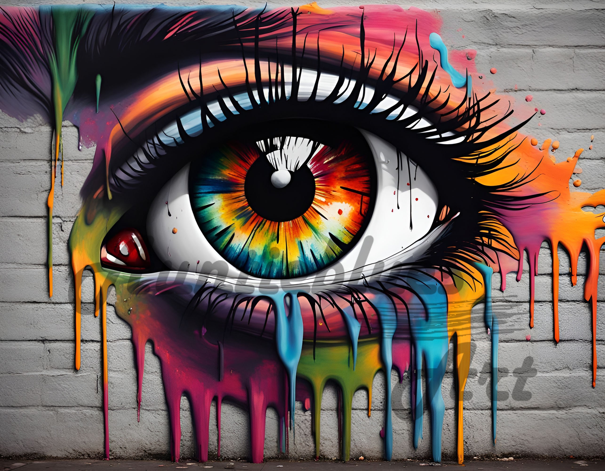 Graffiti Colorful Eye on Brick-wall Digital Poster. Splash Art Eye ...