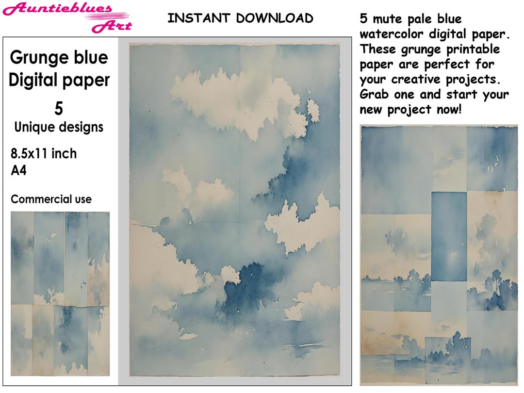 Watercolor Blue Paper. Grunge Watercolor Light Blue Printable Collage ...