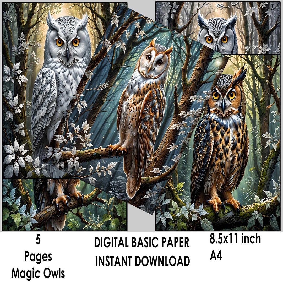 Magical Illustrated Owl in the Forest Digital Paper. Owls Collage Sheet ...