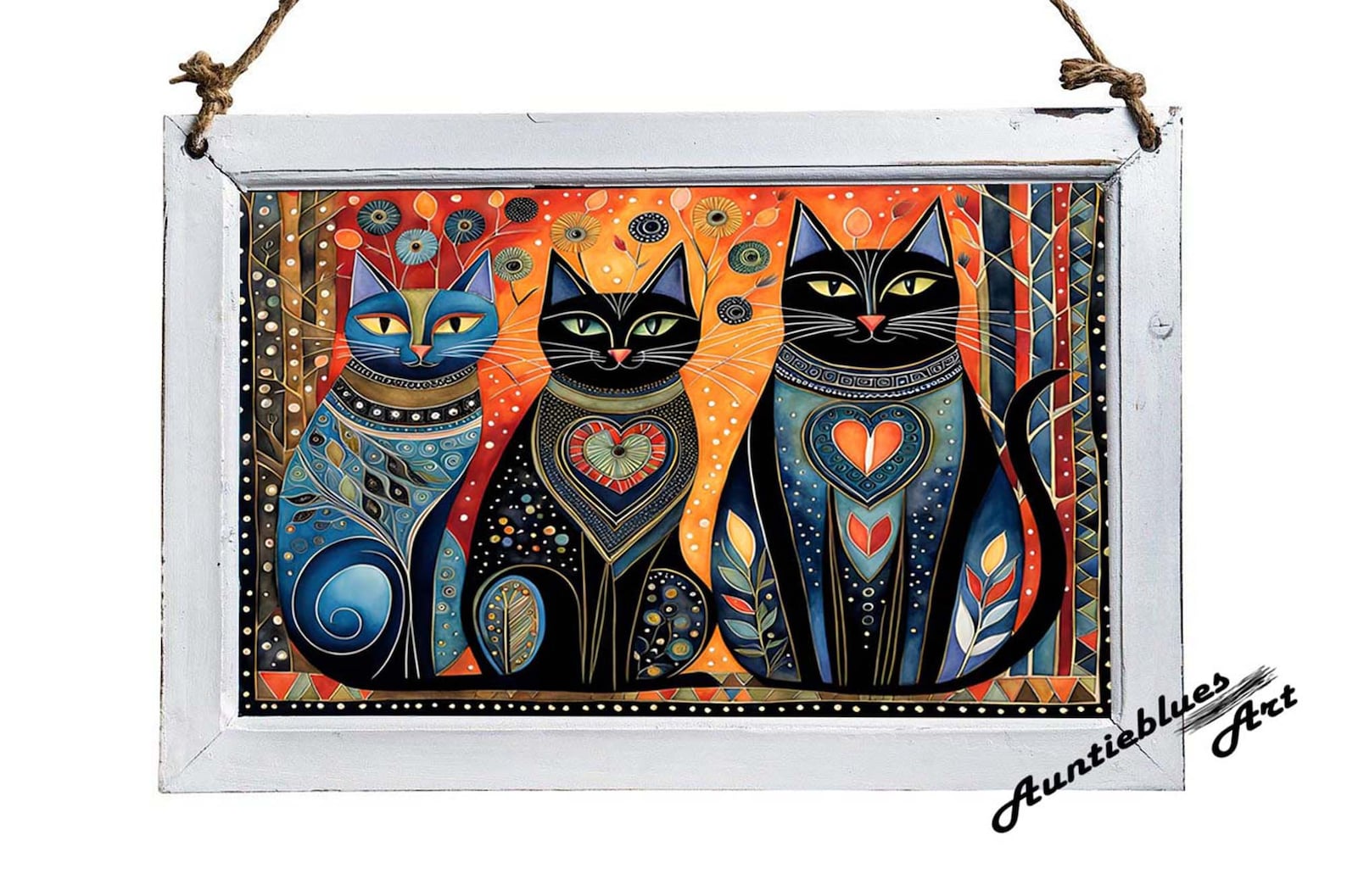 Folk Art Cat Painting. A Group of Cats Naive Art Print. Cat Fantasy ...