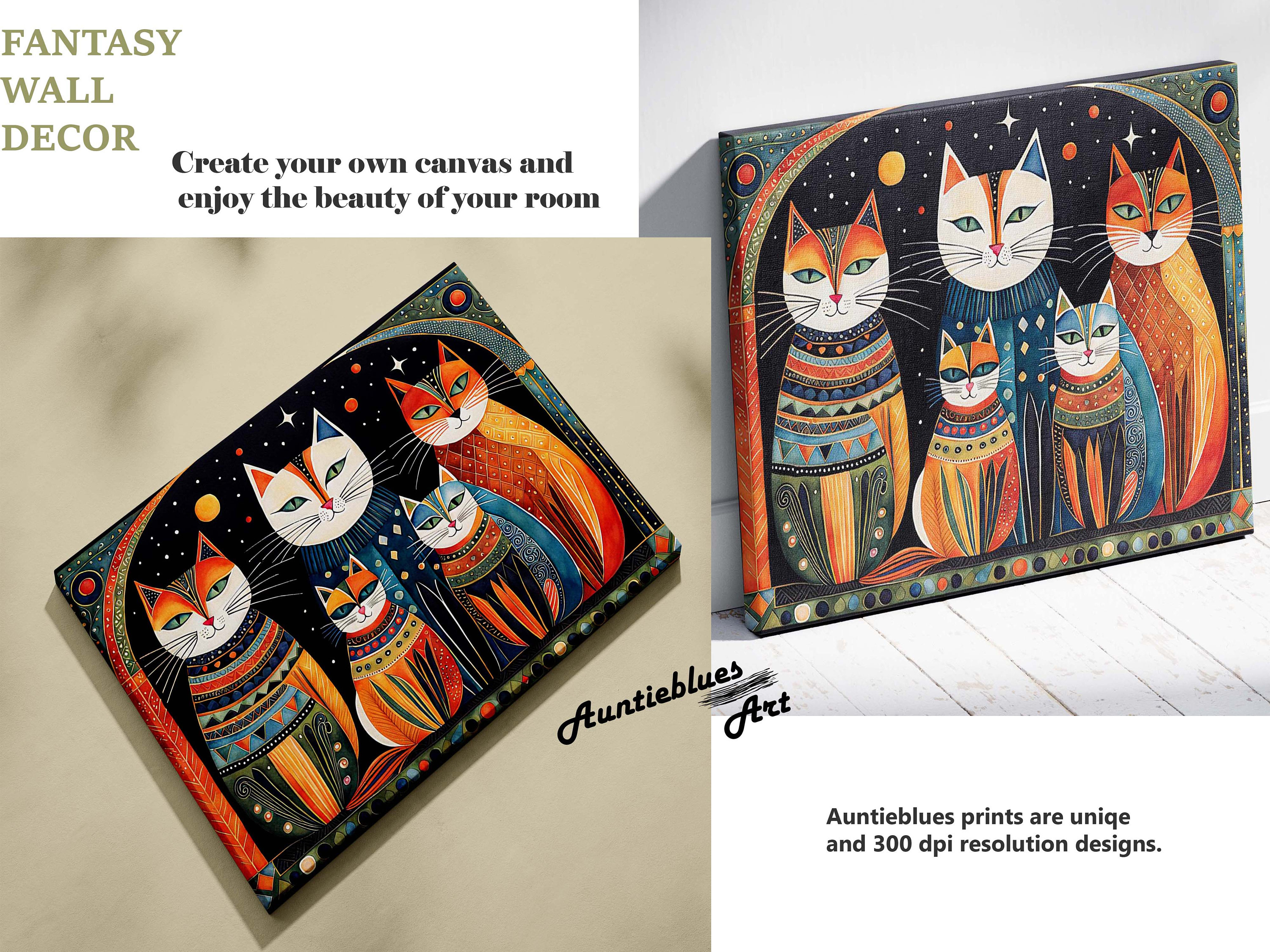 Folk Art Cat Painting. A Group of Cats Naive Art Print. Cat Fantasy ...