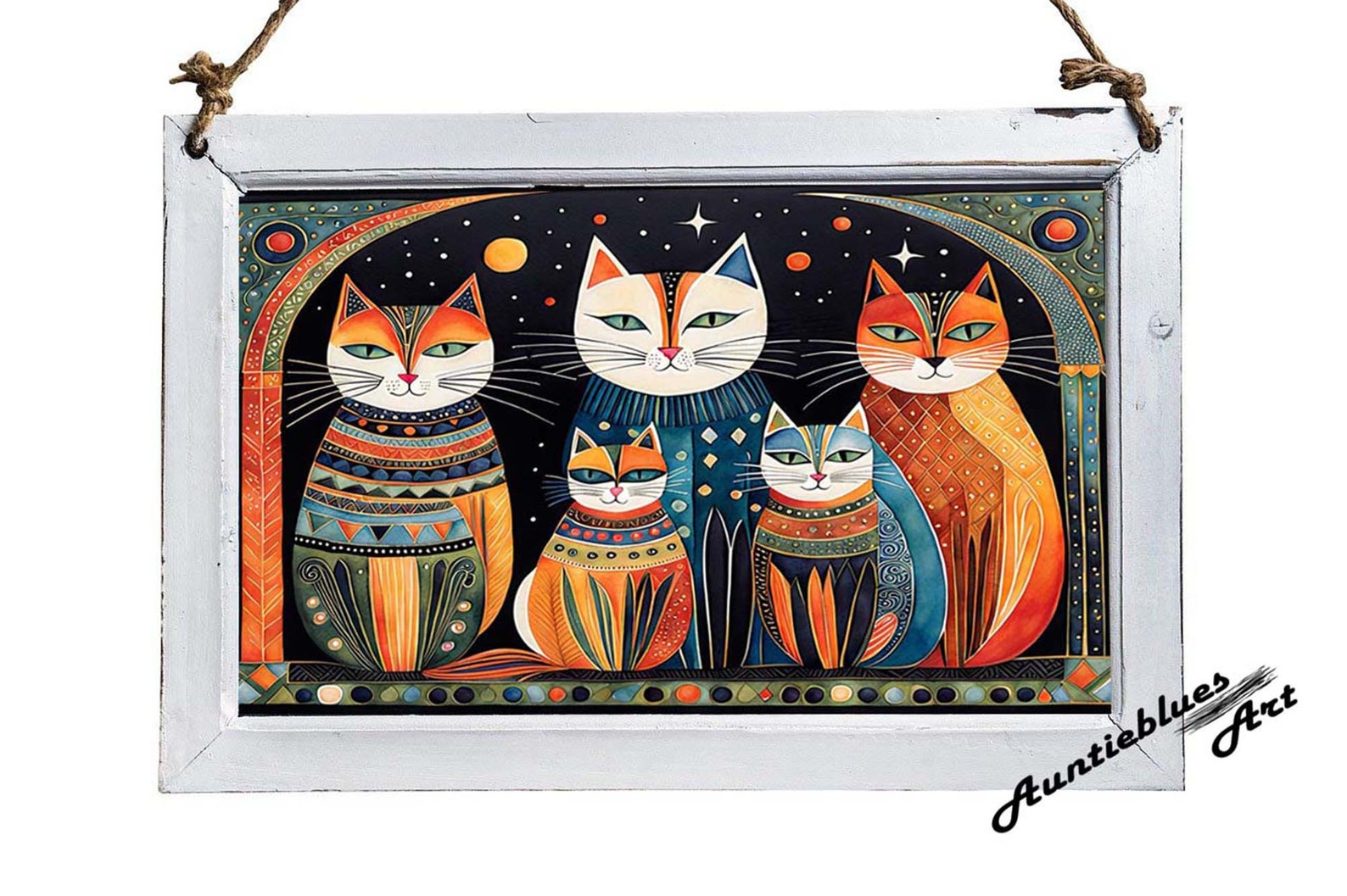 Folk Art Cat Painting. A Group of Cats Naive Art Print. Cat Fantasy ...
