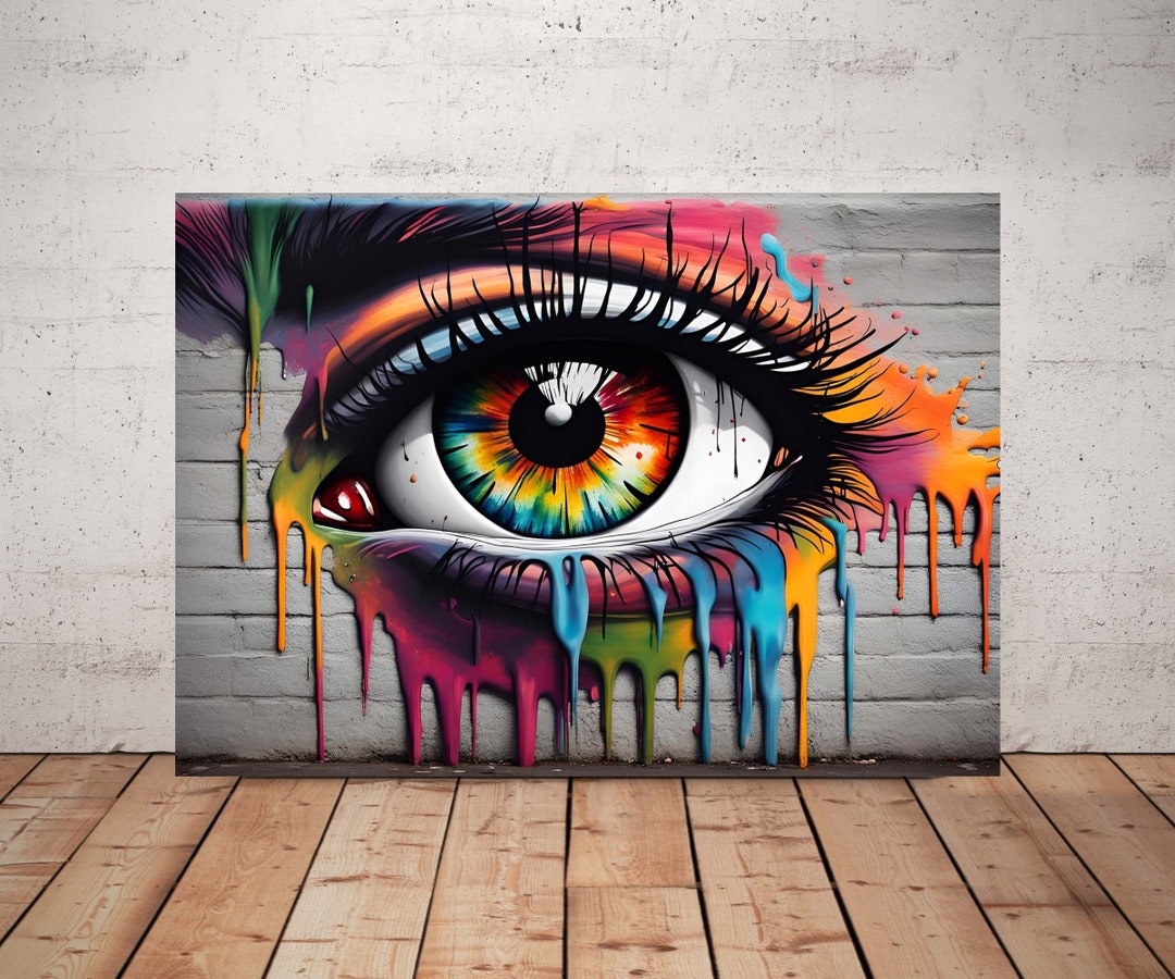 Graffiti Colorful Eye on Brick-wall Digital Poster. Splash Art Eye ...