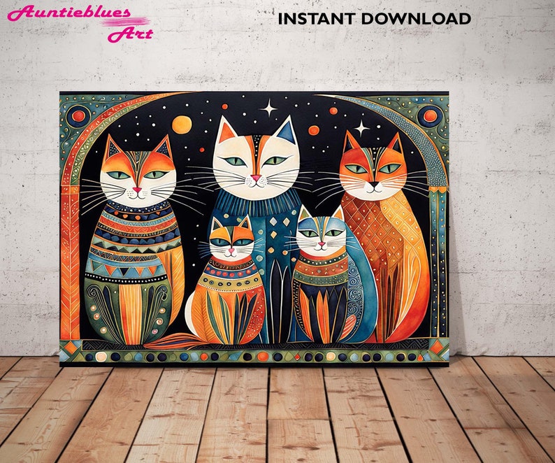 Folk Art Cat Painting. A Group of Cats Naive Art Print. Cat Fantasy ...