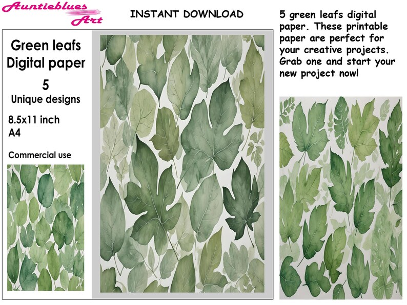 Green Leaves Digital Paper. Printable Collage Sheet for Your Junk ...