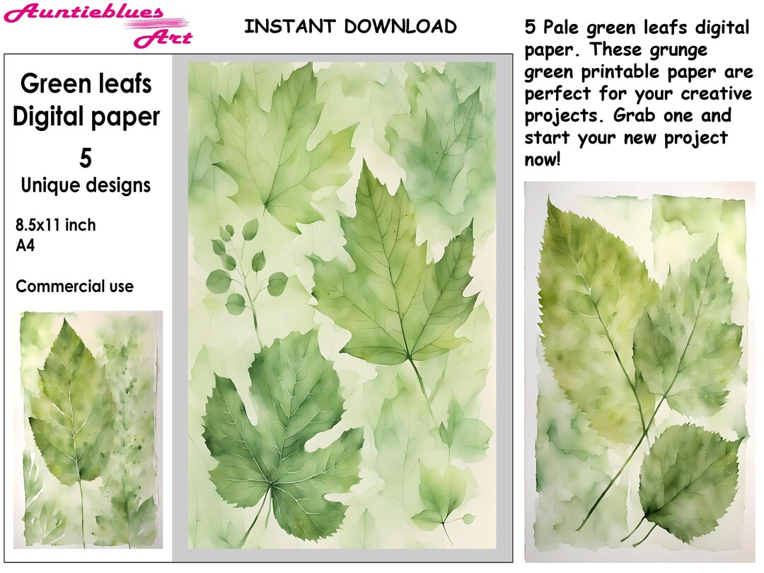 Grunge Green Leaves Digital Paper. Shabby Garden Junk Journal or Any ...