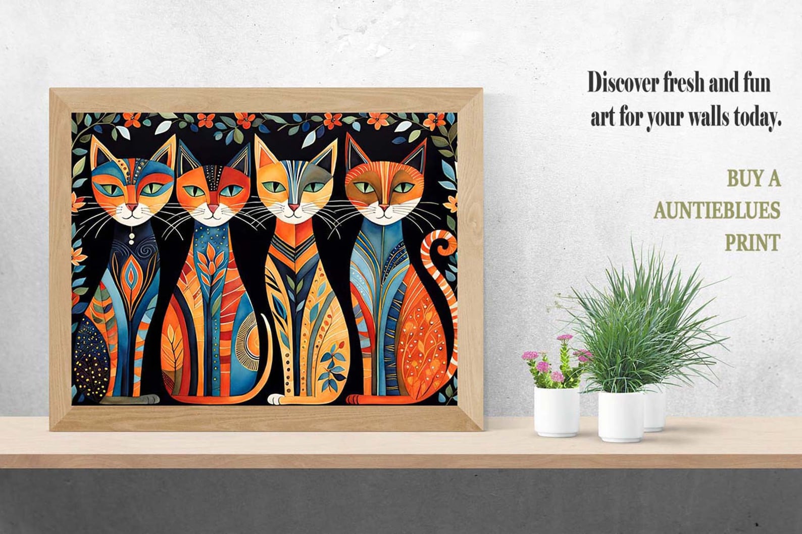 Folk Art Cat Painting. A Group of Cats Naive Art Print. Cat Fantasy ...