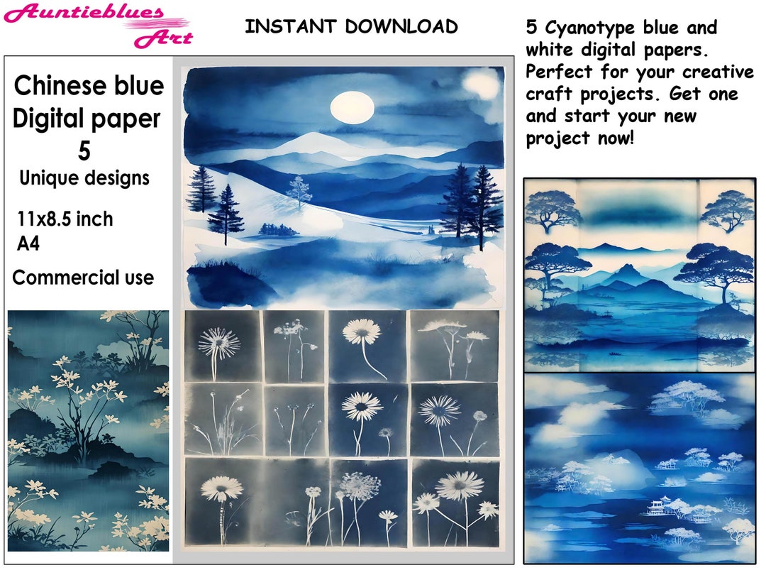Chinese Blue Digital Paper. Cyanotype Blue and White Collage Sheets for ...