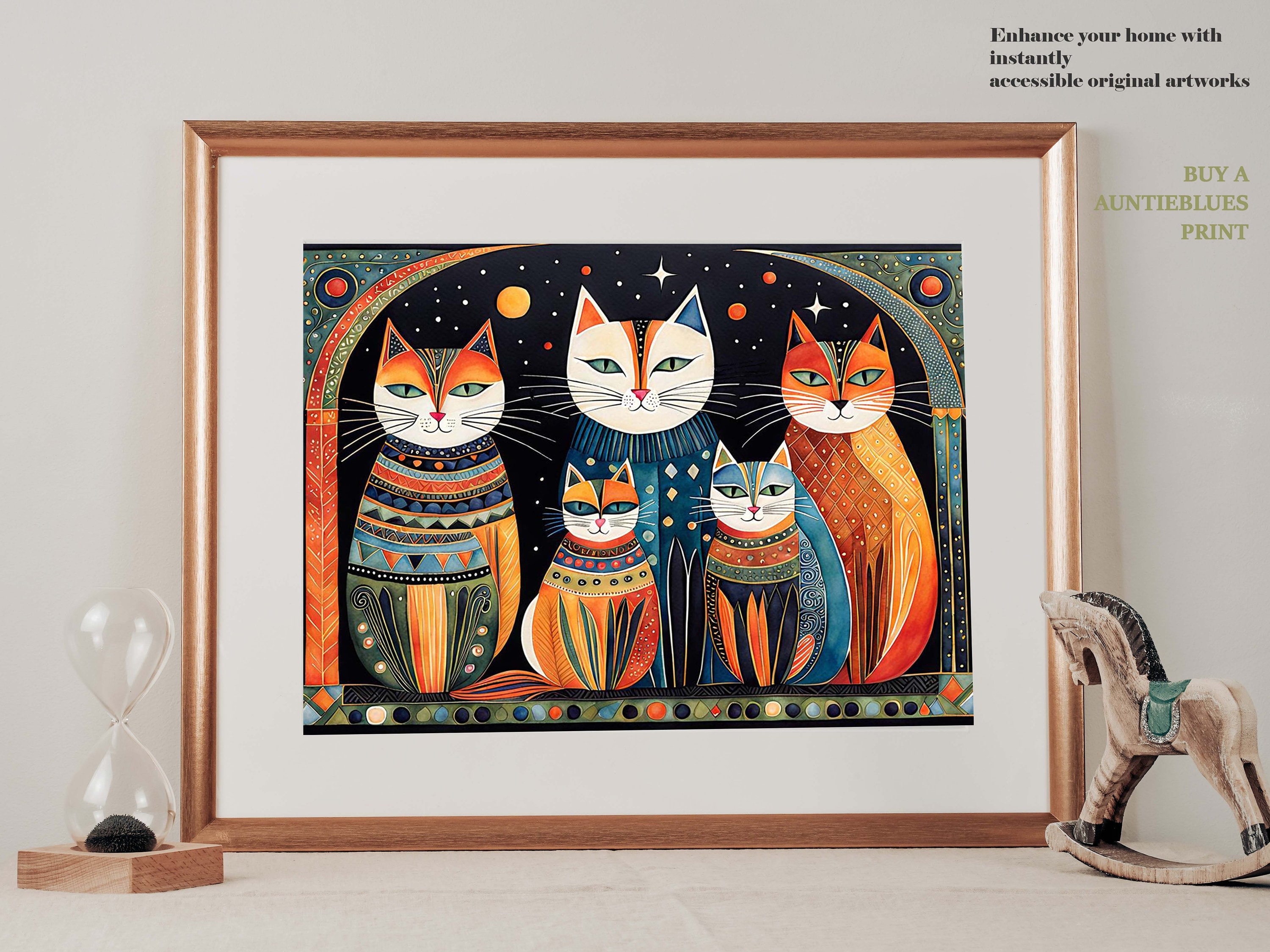 Folk Art Cat Painting. A Group of Cats Naive Art Print. Cat Fantasy ...