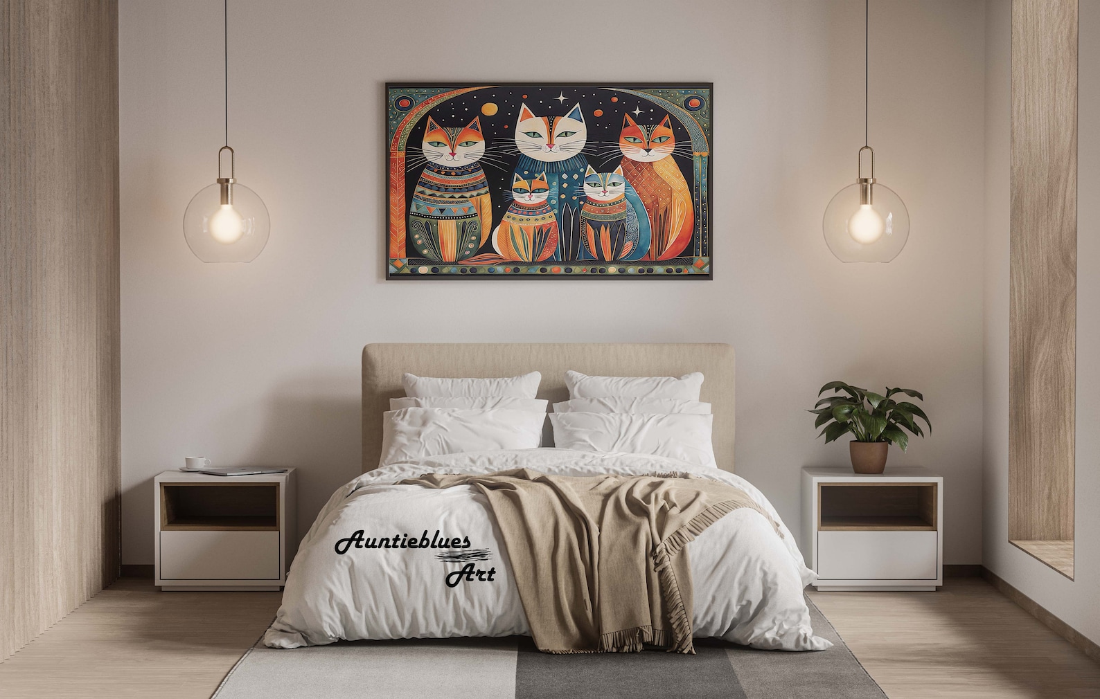 Folk Art Cat Painting. A Group of Cats Naive Art Print. Cat Fantasy ...