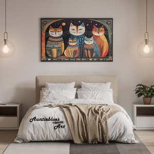 Folk Art Cat Painting. A Group of Cats Naive Art Print. Cat Fantasy ...