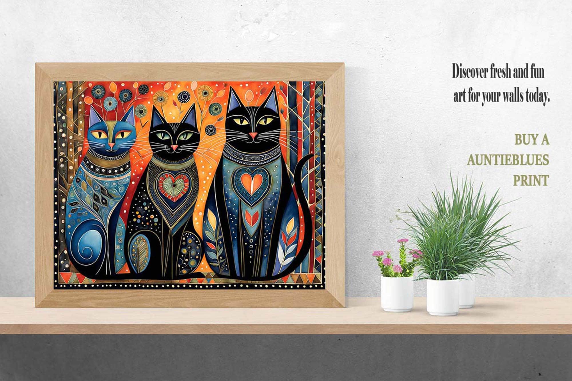Folk Art Cat Painting. A Group of Cats Naive Art Print. Cat Fantasy ...