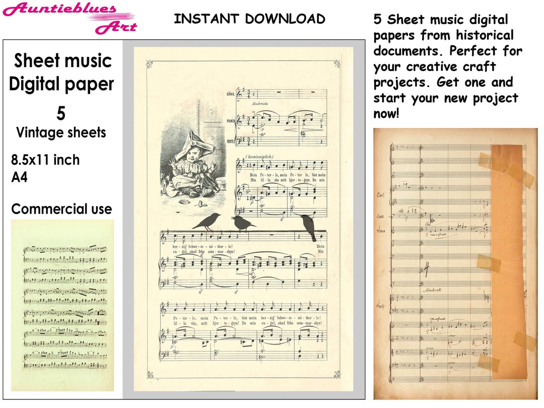 Vintage Old Music Notes Digital Paper. Printable Historical Document ...