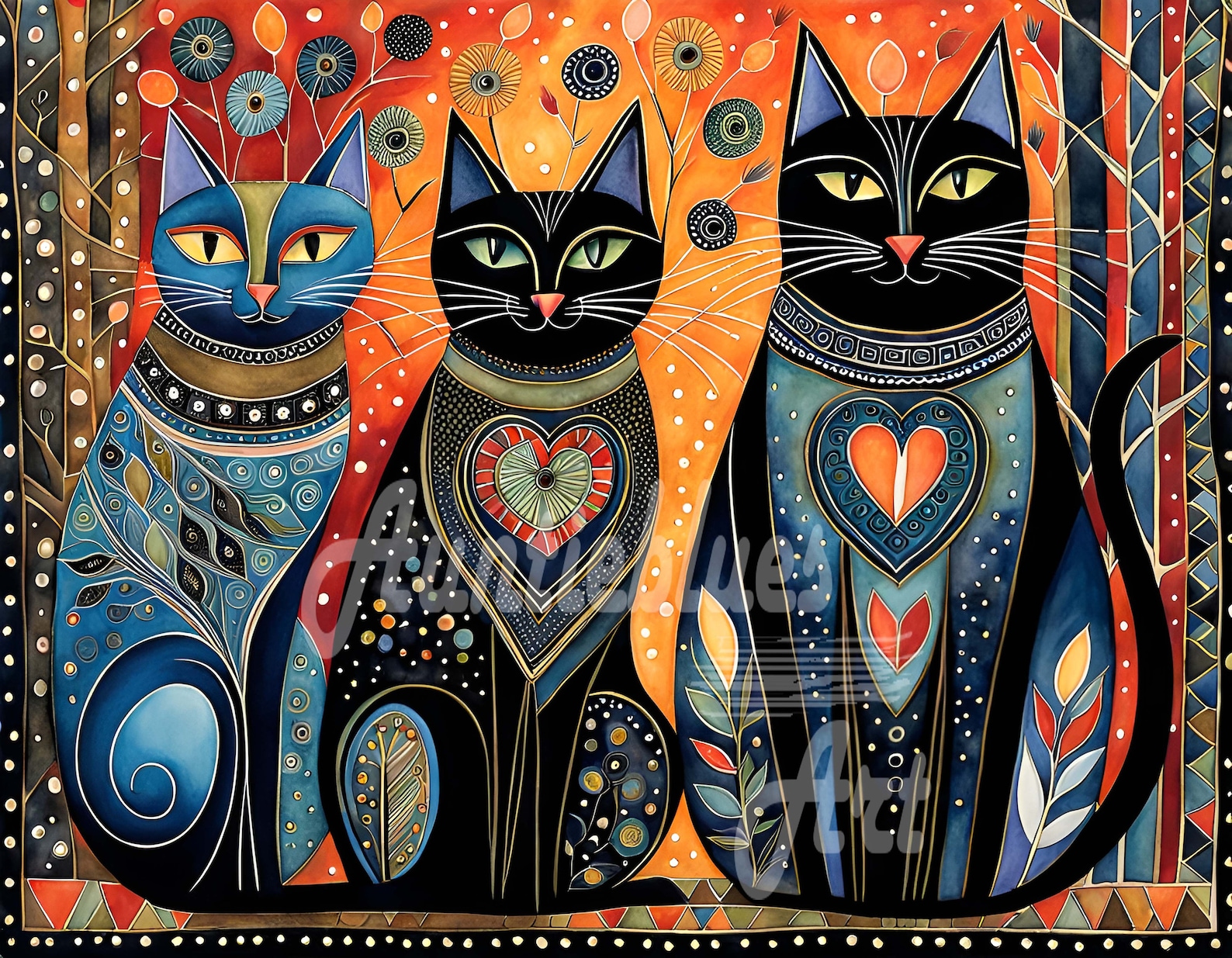 Folk Art Cat Painting. A Group of Cats Naive Art Print. Cat Fantasy ...