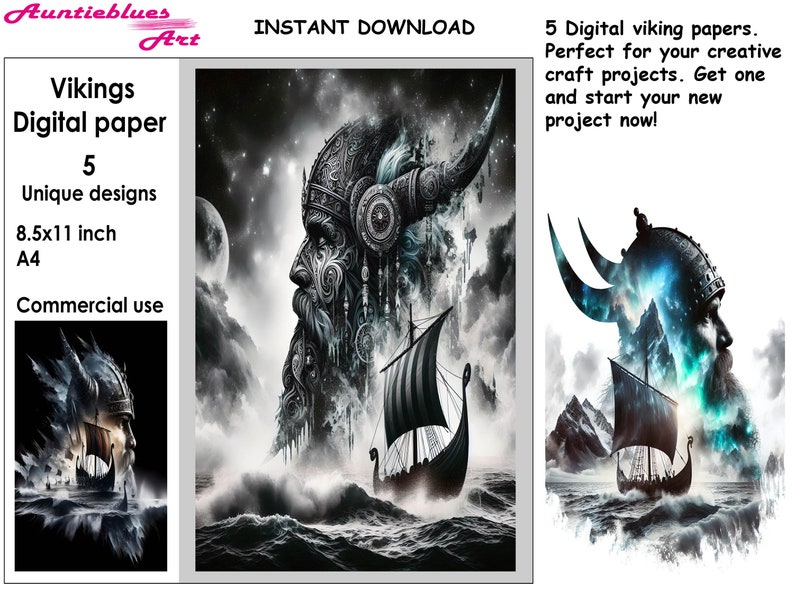 Viking Digital Paper. Magical Illustrated Viking Collage Sheet for Junk ...