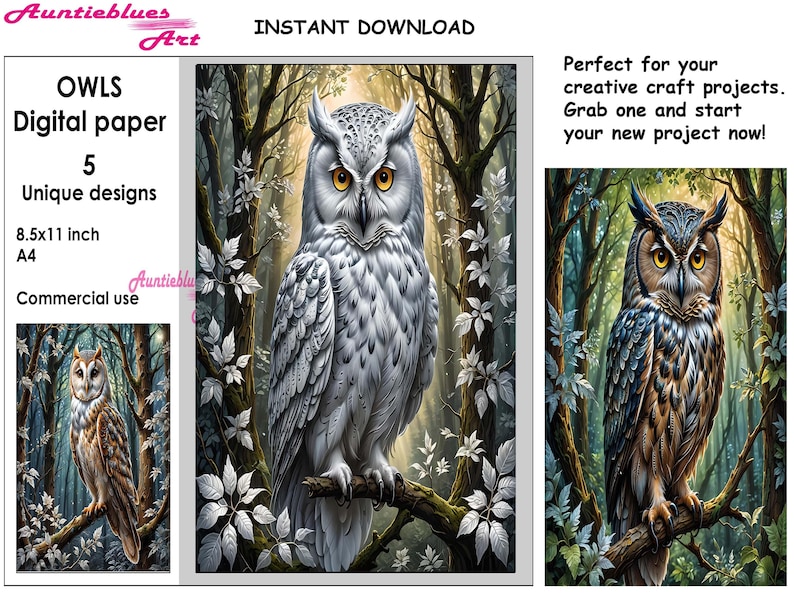 Owl Digital Paper. Magical Illustrated Owl Collage Sheet for Junk ...