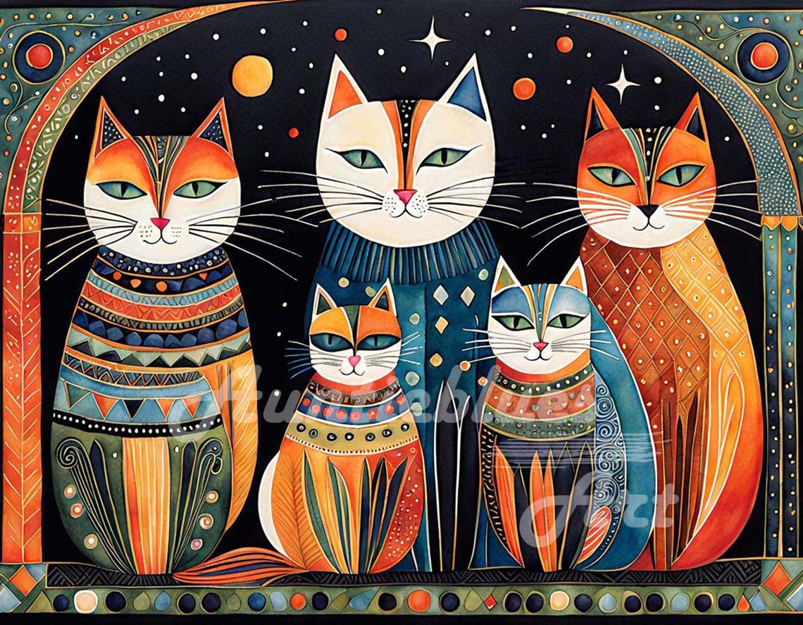 Folk Art Cat Painting. A Group of Cats Naive Art Print. Cat Fantasy ...